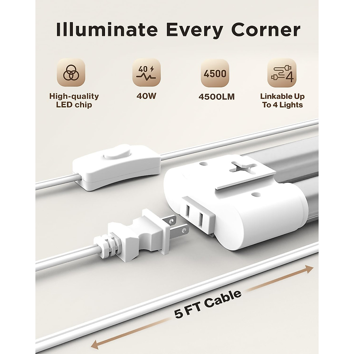 Sunco 10 Pack Linkable LED Utility Shop Light, 4500 LM, 5000K Daylight, 4 FT, 48 Inch Integrated Fixture for Garage, 40W Equivalent 150W, Surface + Suspension Mount, White