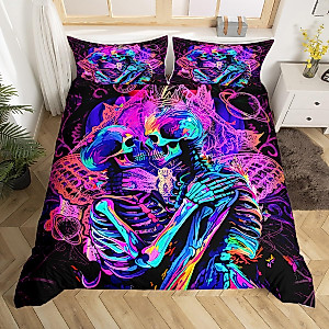 jejeloiu Sugar Skull Bedding Set Queen Size Kids Bohemian Gothic Skull Comforter Cover Set for Boys Girls Teens Valentine's Day Duvet Cover Romantic Bedspread Cover Room Decorations Quilt Cover