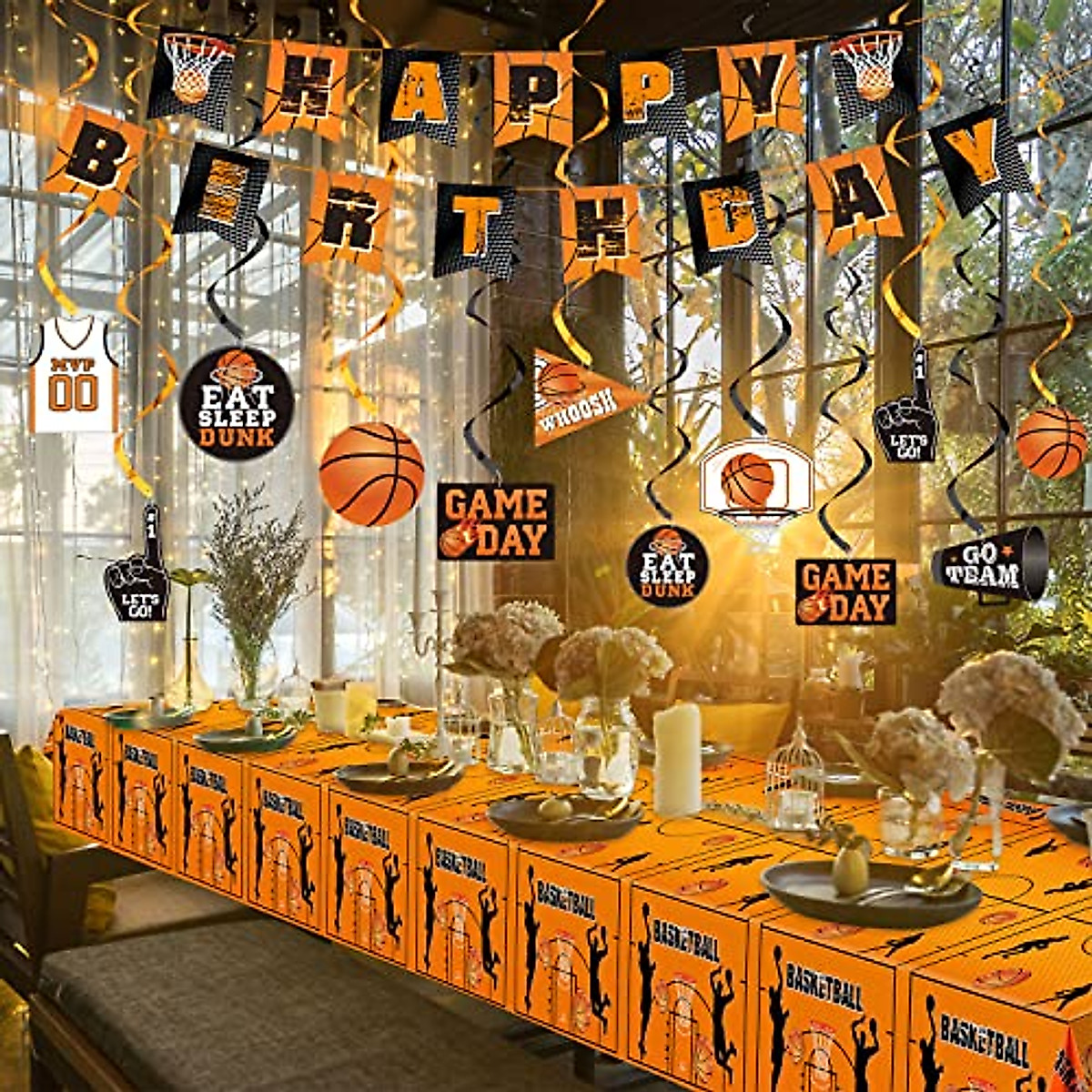 181 Pcs Basketball Theme Birthday Party Decorations 2 Basketball Sports Tablecloth 8 Hanging Swirls Basketball Hoop Banner 24 Set Basketball Tableware Plates Cups Napkins for Boy Kids Party Decor