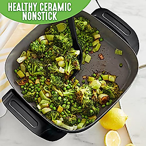 GreenLife Healthy Ceramic Nonstick, 12" 5QT Square Electric Skillet with Glass Lid, Dishwasher Safe, Adjustable Temperature Control, PFAS-Free, Black