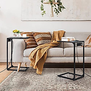 Set of 2 C Shaped End Table with Charging Station, Snack Side Table with Table with USB Ports & Power Outlets, C Tables for Couch, Couch Tables That Slide Under, for Living Room, Bedroom, Gray