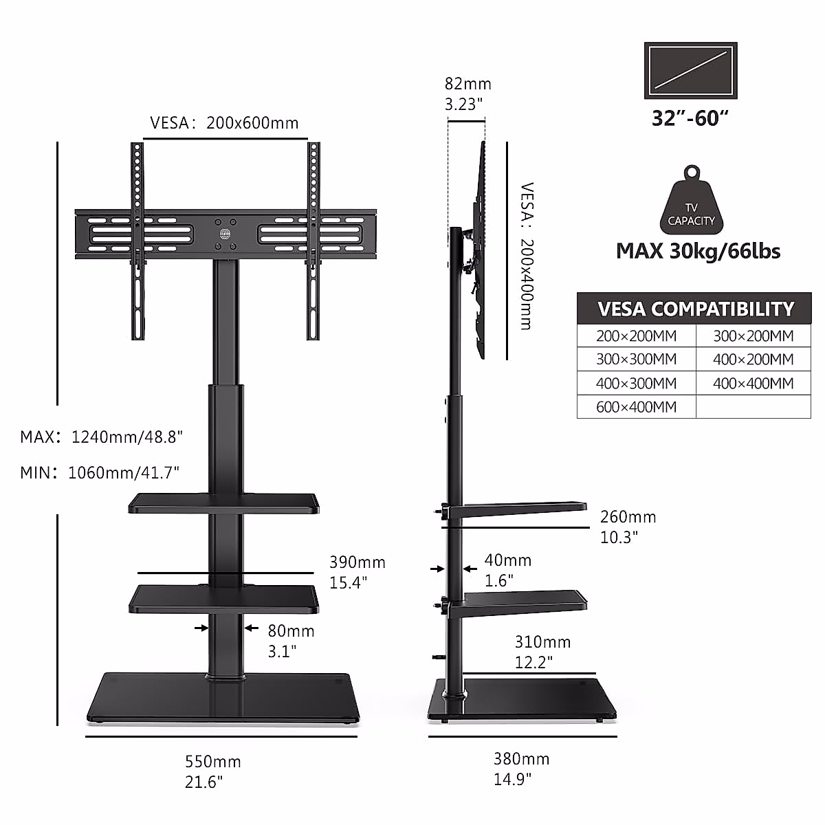 FITUEYES Floor TV Stand for 32 39 40 43 49 50 55 60 Inch TVs, TV Floor Stand with Swivel Mount, Max Holds 66lbs, White Glass Base, Height Adjustable TV Mount for Corner & Bedroom (With 2 Shelf, Black)