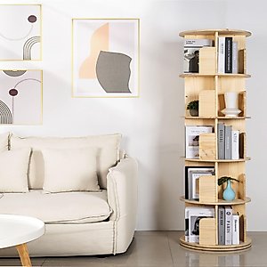 Rotating Bookshelf Tower, 5 Tiers 360 Spinning Bookshelf Revolving Bookcase Solid Wood Corner Bookshelf Organizer Display Bookshelf, 18" Wide, Natural