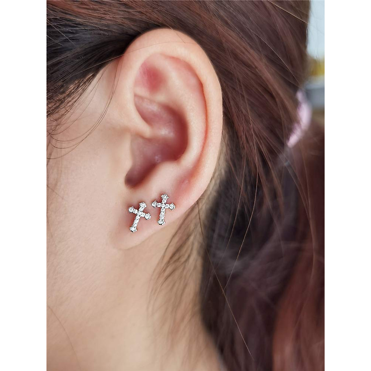 CZ Cross 20g Barbell Ball Stud Sterling Silver Earrings for Women Girls Cubic Zirconia Tiny Small Studs Cartilage Tragus 4mm Bead Screw Back Hypoallergenic Thin Faux Piercing Body (Silver) 1