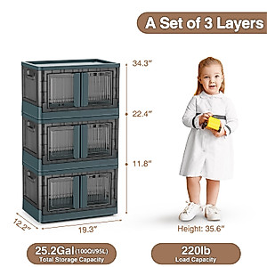 BROVIEW V6 Storage Bins with Lids, 102 QT Stackable Storage Bins with Wheels, Collapsible Storage Bins with Doors, Folding Storage Cabinets for Closet, Home Office Dorm Organizer Essential, Green