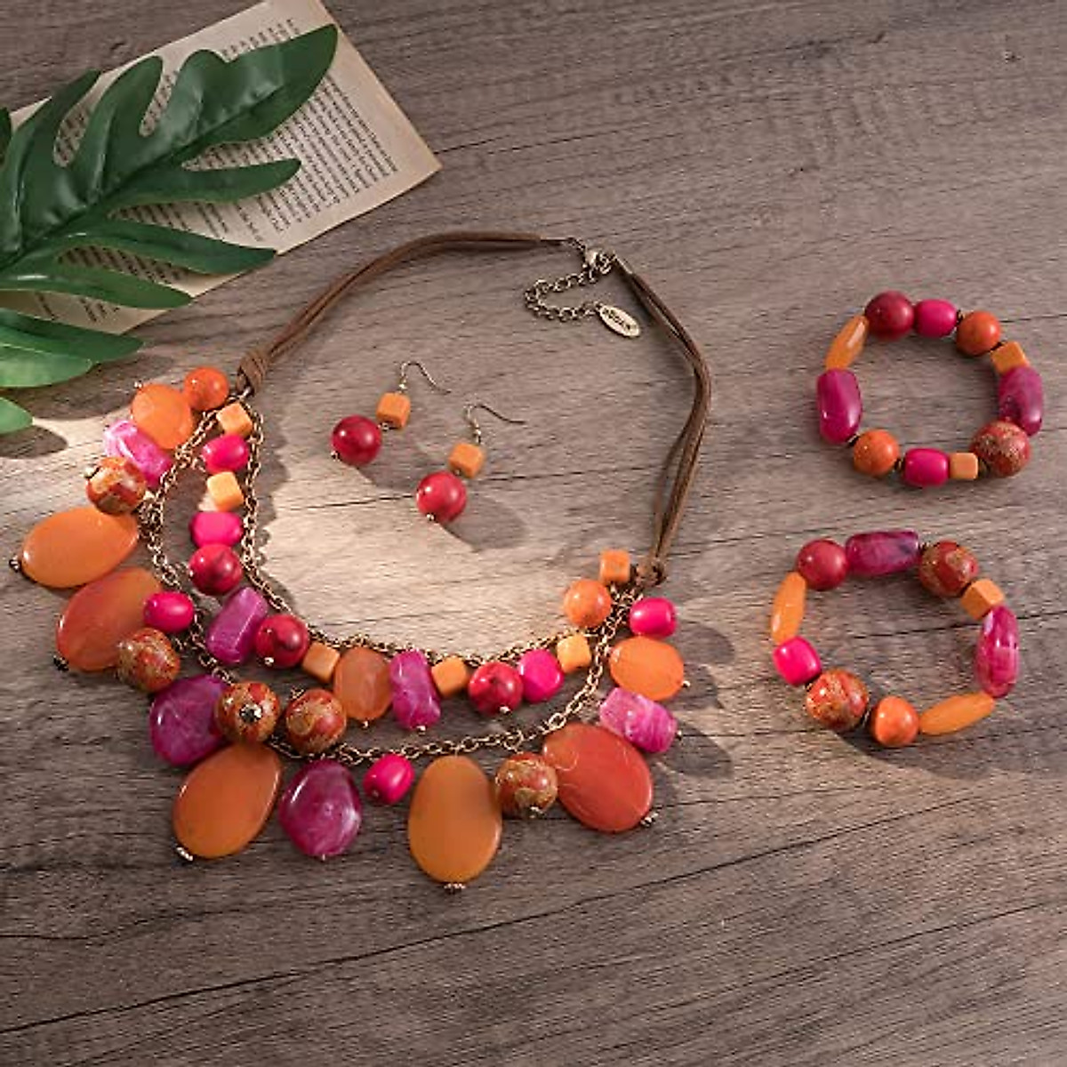 Bocar 2 Layer Statement Necklace Set Chunky Beaded Fashion Necklace with Earrings Bracelet for Women Gifts (NK-10619-set)