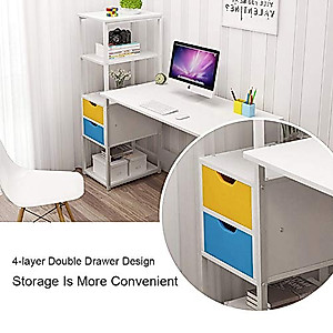 Modern Computer Desk with Bookshelf,Writing Desk with 2 Drawers Corner Tower Shelves Home Office Workstation Desk for Small Space