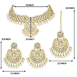 Aheli Elegant Wedding Party Wear Faux Kundan Studded Short Necklace Earrings with Maang Tikka Set Indian Ethnic Bollywood Fashion Jewelry for Women