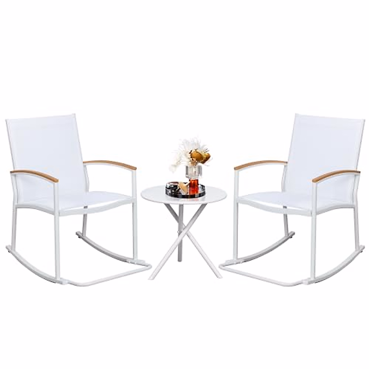 Shintenchi 3 Piece Outdoor Rocking Bistro Set, Textilene Fabric Small Outdoor Furniture, Front Porch Rocker Chairs Conversation Set with Table for Lawn, Garden, Balcony, Poolside (White)