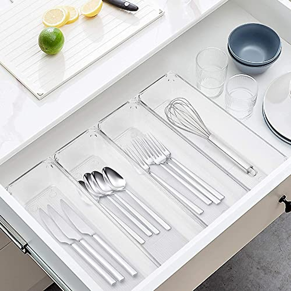 LotFancy Clear Plastic Drawer Organizers, 8 Pack, 9''×3''×2'' Storage Tray for Utensil, Cutlery in Kitchen, Bathroom, Cabinet Drawer, Makeup Vanity Bin Divider