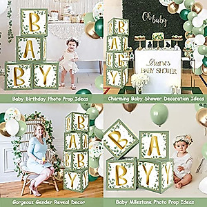 Levfla Sage Green Baby Balloons Boxes Decoration Baby Shower Backdrop Blocks Gender Reveal Photo Props Green Eucalyptus Gold White Boy Girl B-Day Favor Ideas
