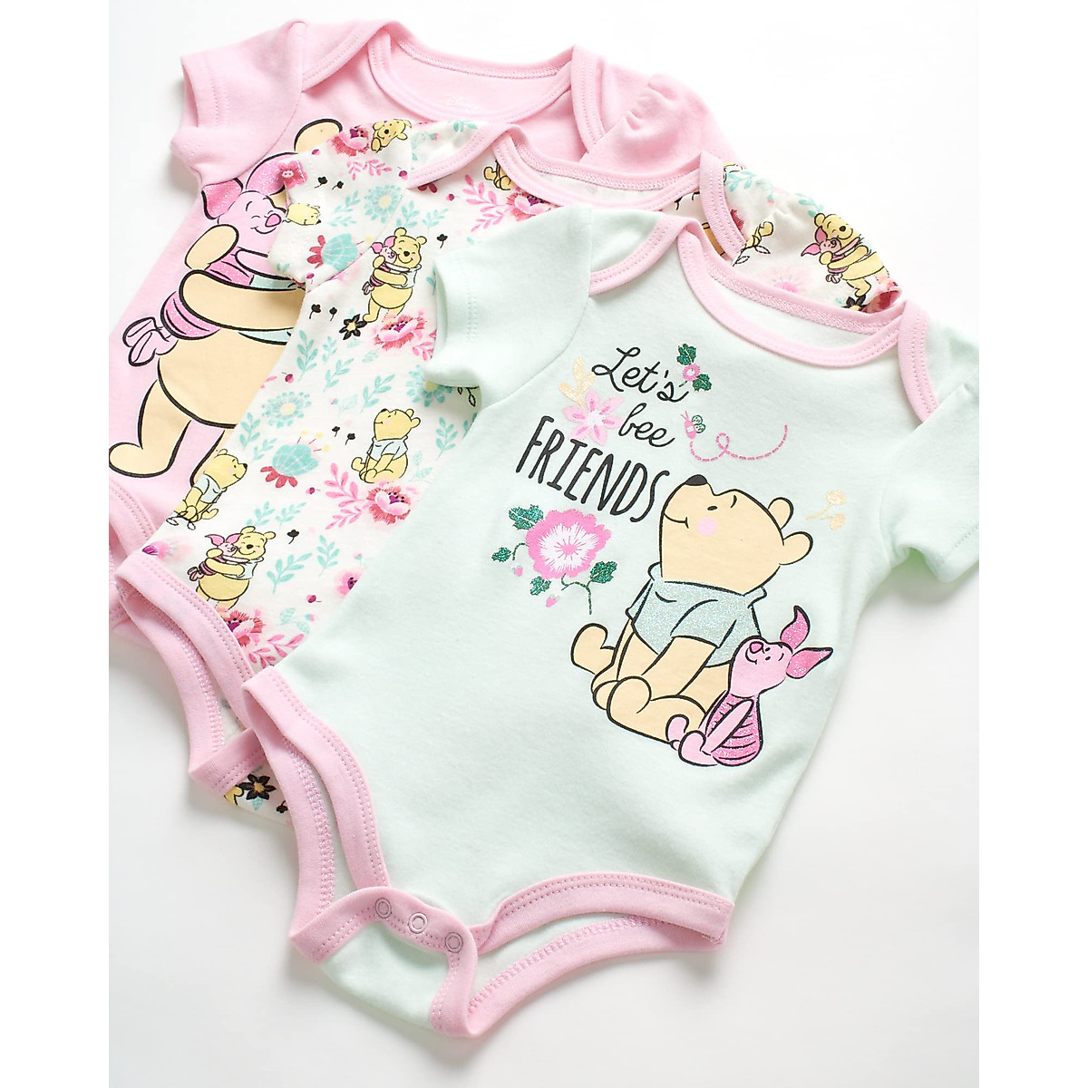 Disney Baby Girls? Minnie Mouse Bodysuit ? 3 Pack Romper: Easy Diaper Change, Size 0-3M, Pooh Bear Pink/Green