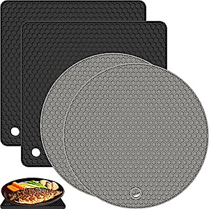 Y6S 4Pcs Silicone Trivet Mats Anti-Slip Square Round Hot Pads Heat-Resistant Hot Holders Spoon Dishes Rest Pad Easy to Wash and Dry BPA Free Dishwasher Safe for Kitchen Counter Y6S(Black and Gray)