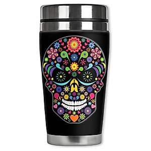 Mugzie Multi Color Sugar Skull Travel Mug with Insulated Wetsuit Cover, 16 oz, Black