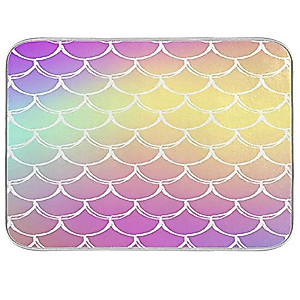 Sea Mermaid Scales Dish Drying Mat 24"x18" Absorbent Machine Washable Hanging Fast Dry Pad Dish Protective Mat for Kitchen Countertop Heat Resistant Dinner Table Mat