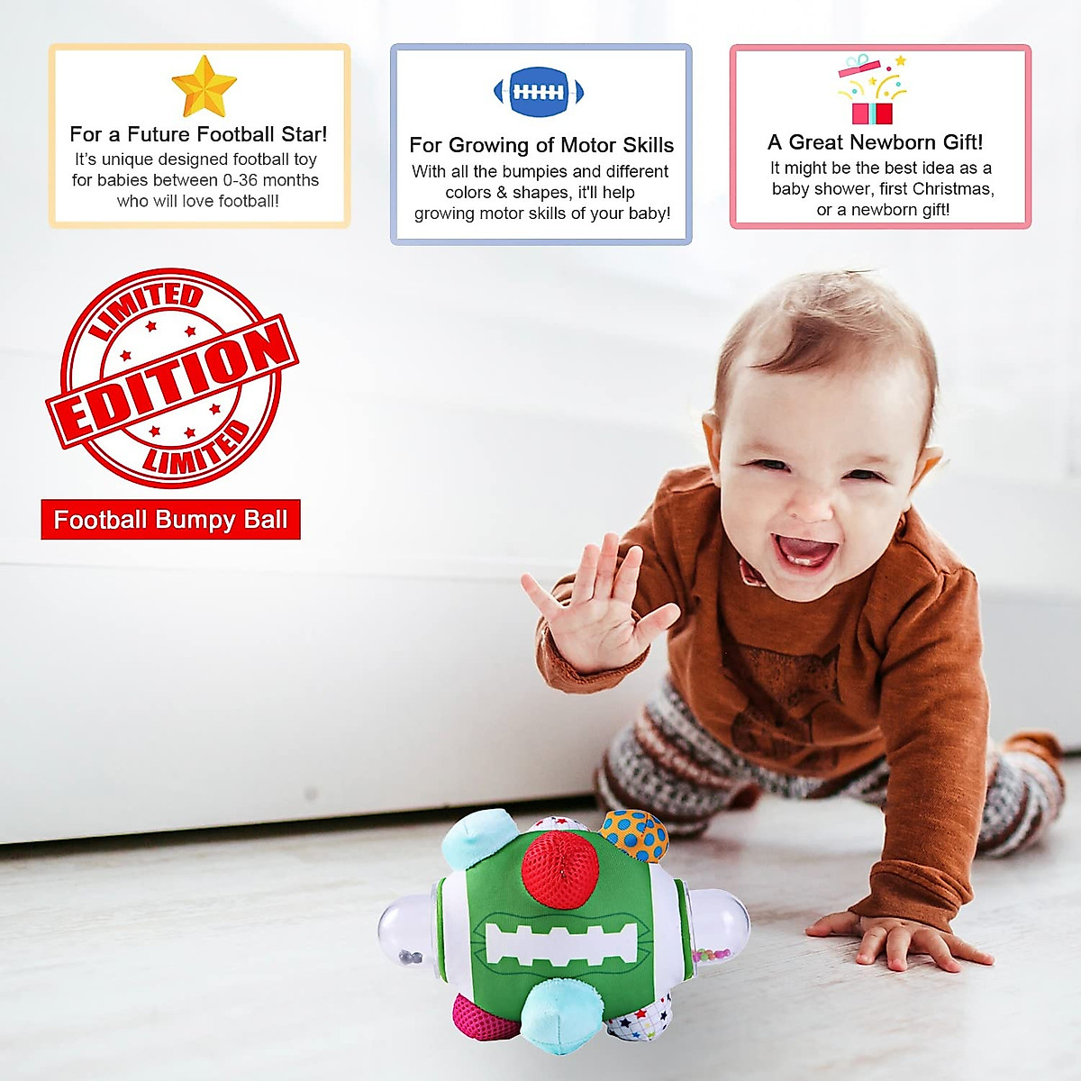 The Season Toys Football Bumpy Ball for Baby Cognitive Developmental, Baby Boys & Girls – Newborn to 36 Months Sensory Football Rattle Toy, Green
