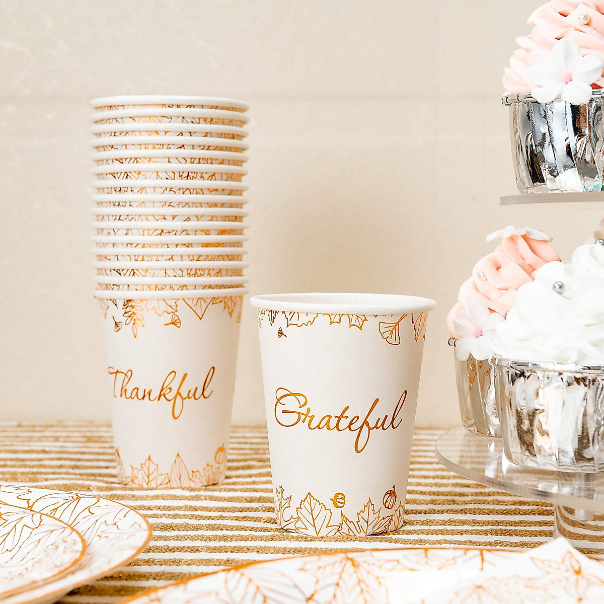 Crisky 24 Guests 96 Pcs Thanksgiving Disposable Napkins Plates Cups Set for Autumn Thanksgiving Dinner Party Decorations, Thankful and Grateful in Orange Foil