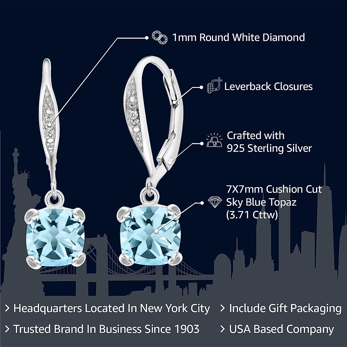 Gem Stone King 925 Sterling Silver Sky Blue Topaz and White Diamond Earrings For Women (3.71 Cttw, Gemstone November Birthstone, Cushion 7MM)