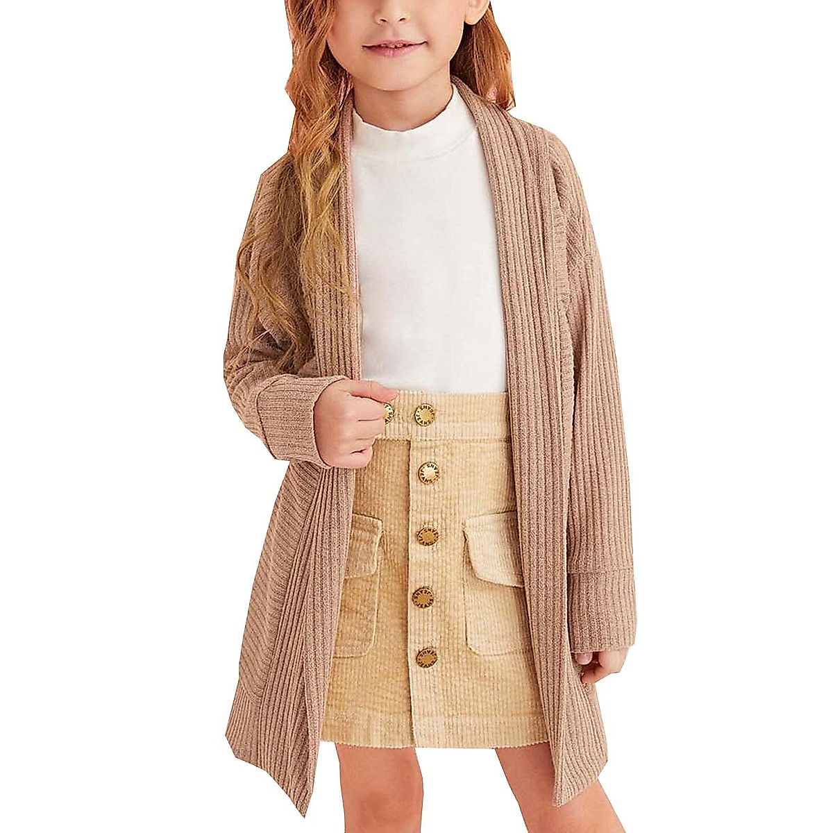 Cutoluca Toddler Baby Girl Knitted Sweater Long Sleeve Cardigan Open Front Coats Fall Winter Kids Solid Long Jacket (Khaki, 6-7 Years)