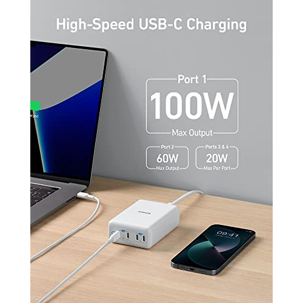 Anker USB C 120W, 547 Charger, PowerPort III 4-Port Charging Station for MacBook Pro/Air, iPhone 13/13 Mini / 13 Pro / 13 Pro Max / 12, Galaxy, Pixel 4/3, iPad, iPad Mini, and More