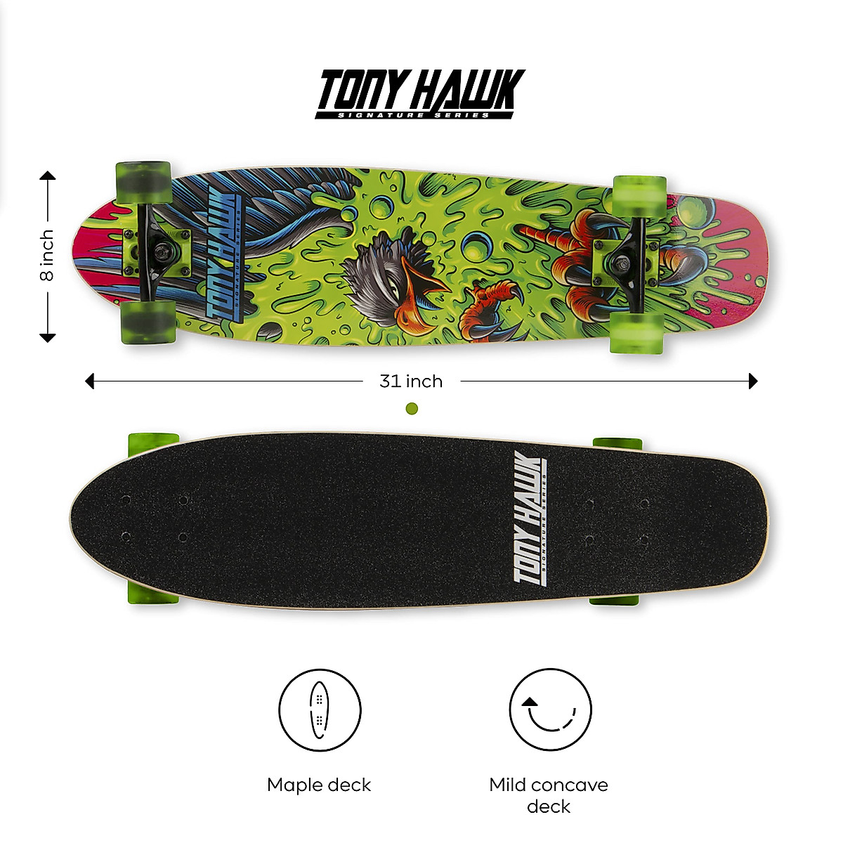 Tony Hawk 31" Complete Cruiser Skateboard, 9-ply Maple Deck Skateboard for Cruising, Carving, Tricks and Downhill, Slime Hawk