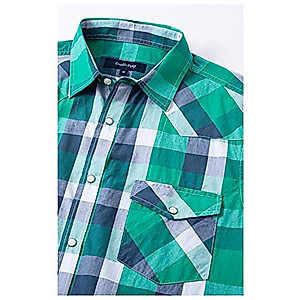 Mens Short Sleeve Western Shirts with Pearl Snap Button Up Casual Regular Fit Plaid Shirts (Green and White-05D,Large)