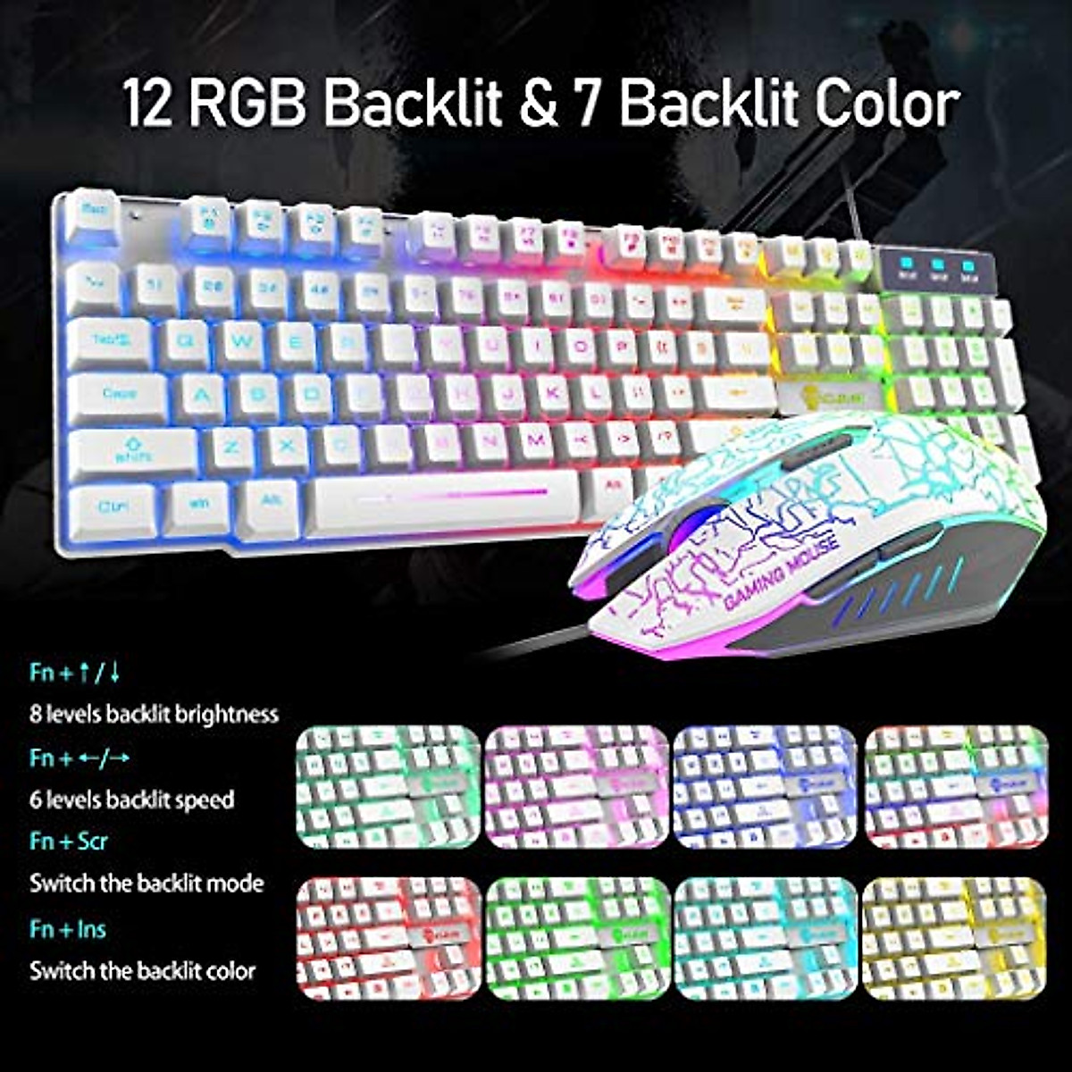 KUIYING Gaming Keyboard and Mouse Combo,RGB Rainbow Backlit Keyboard with PC Wired Keyboard+2400DPI 6 Buttons Rainbow LED Gaming Mouse+Mouse Pads for PC PS4 (White), 20.9 x 6.1 x 2.1