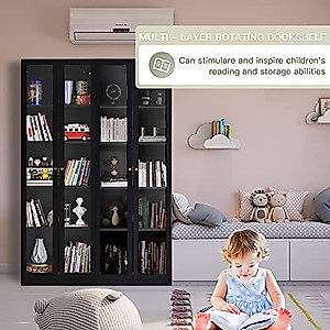 MAGICUBE Bookcase Metal with Plexi-Glass Doors and 4 Adjustable Shelves, 5-Tier Bookshelf Organizer, Tall Multipurpose Storage Cabinet, Home Decor Furniture for Study, Office, Living Room(Black)