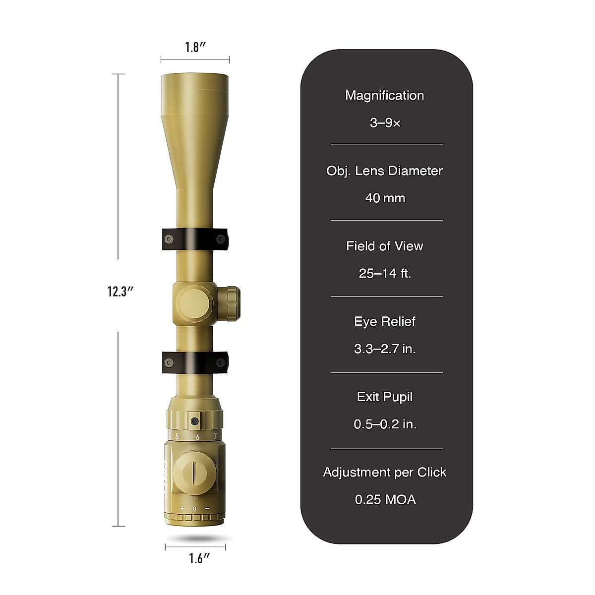 PINTY Rangefinder Rifle Scope, 3-9x40 Red Green Illuminated Shotgun Scope with 5 Brightness Levels Mount Rings for Picatinny Weaver Rail, Tactical Hunting Scope for Air Rifle Pellet Gun, Dark Earth