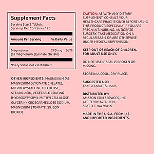 Amazon Elements Chelated Magnesium Glycinate, 270 mg per Serving (2 Tablets), Vegan, 240 Tablets (Packaging may vary)