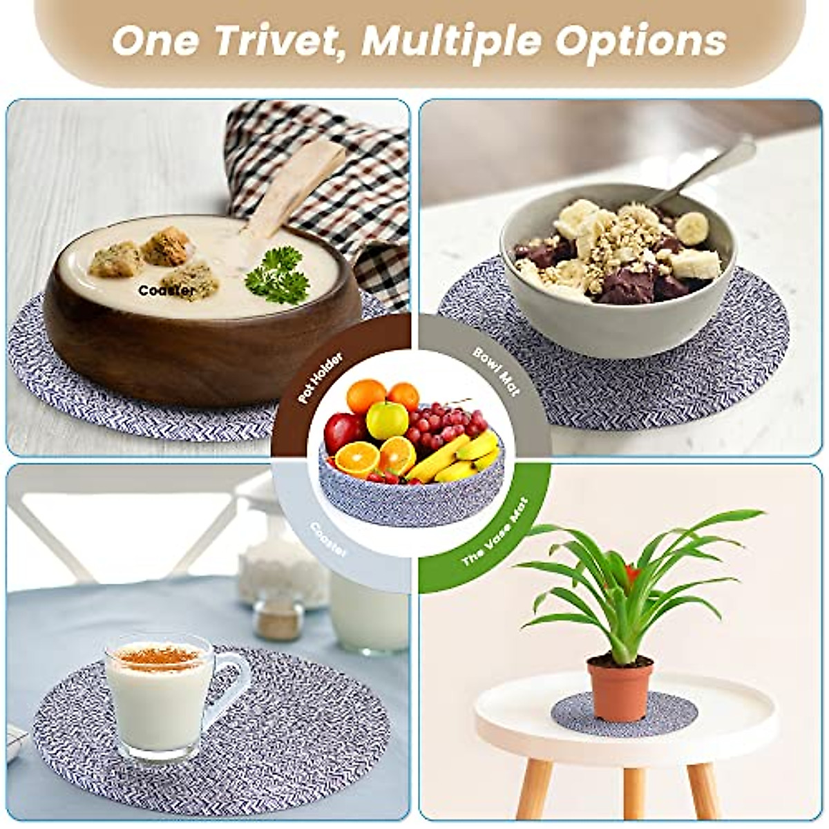 AmapleL 9 Inches Trivets for Hot Dishes, Trivets (Set of 4) for Hot Pots and Pans Holder + 1 Pack Kitchen Storage Basket, 100% Cotton Round Hot Pads - Table Mats - Coasters, Table Heat Protector Pad