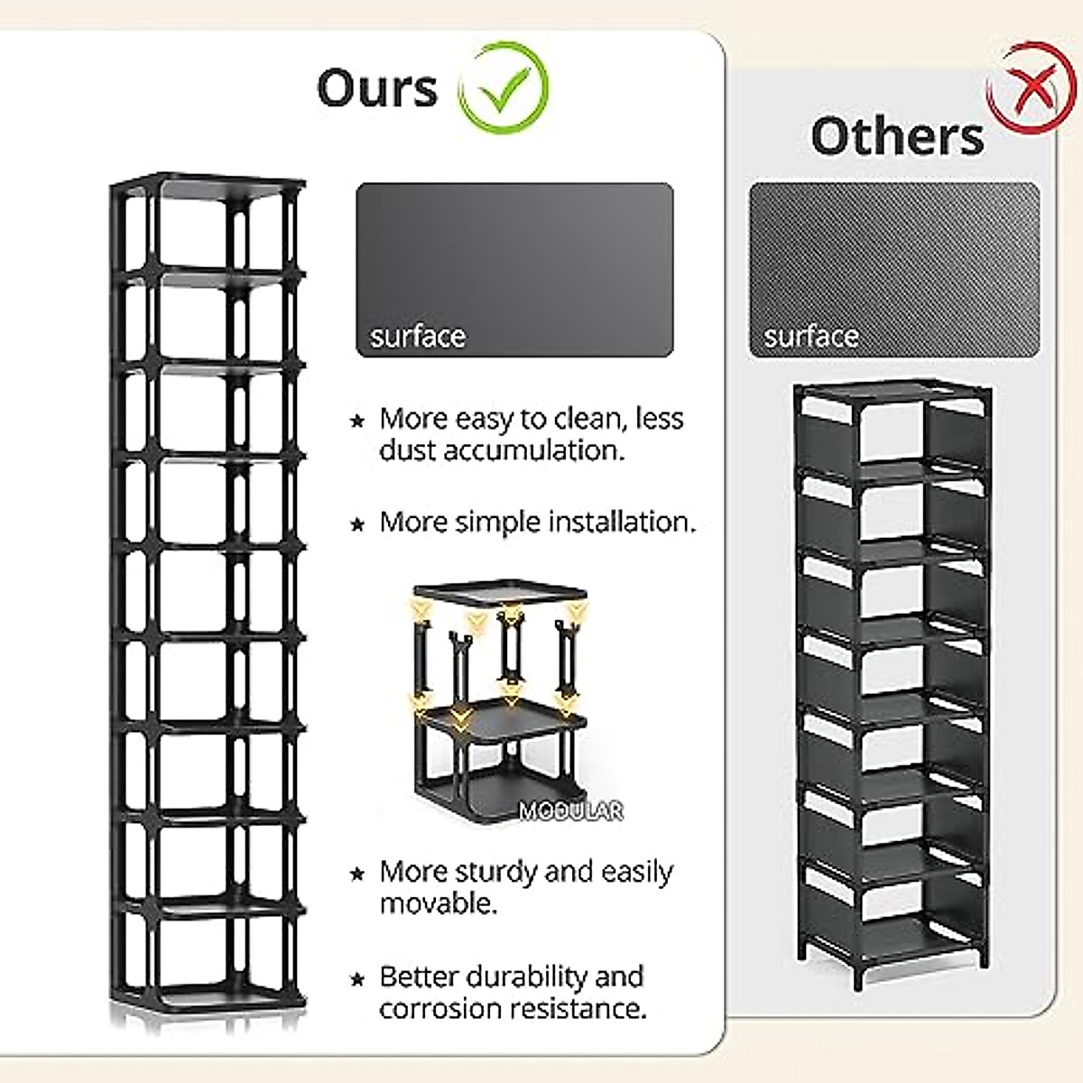 10 Tier Vertical Skinny Shoe Rack - Space Saving Corner Shoe Tower, Plastic Tall Thin Shoes Storage Organizer for Entryway and Closet, Free Standing Shoe Shelf in Black, Modular Set No-Tool Assembly