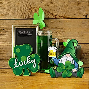 4 Pieces St. Patrick's Day Table Decor Wooden Sign Lucky Shamrock Table Sign Green Gnome Truck Table Centerpiece Freestanding Clover Letter Sign Table Decoration for Irish Holiday Party Decor
