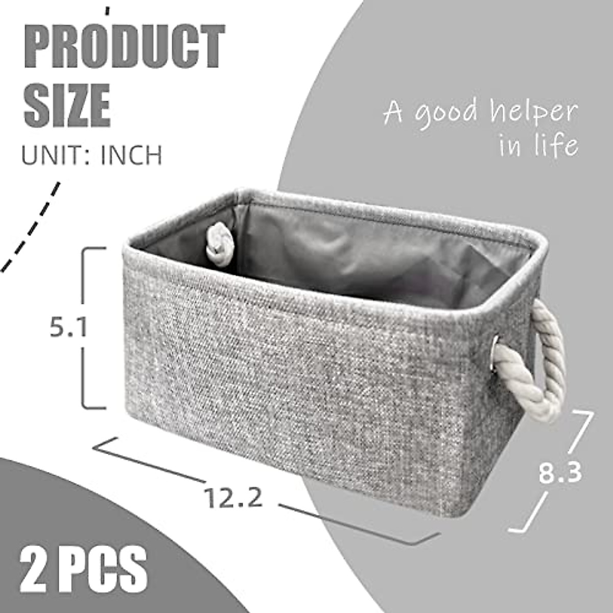 MUBAIMY Organizing Fabric Storage Basket Box for Shelves, Nursery, Decorative Baskets(Solid Grey-2 Pack, Small-12.2 * 8.3 * 5.1inches)