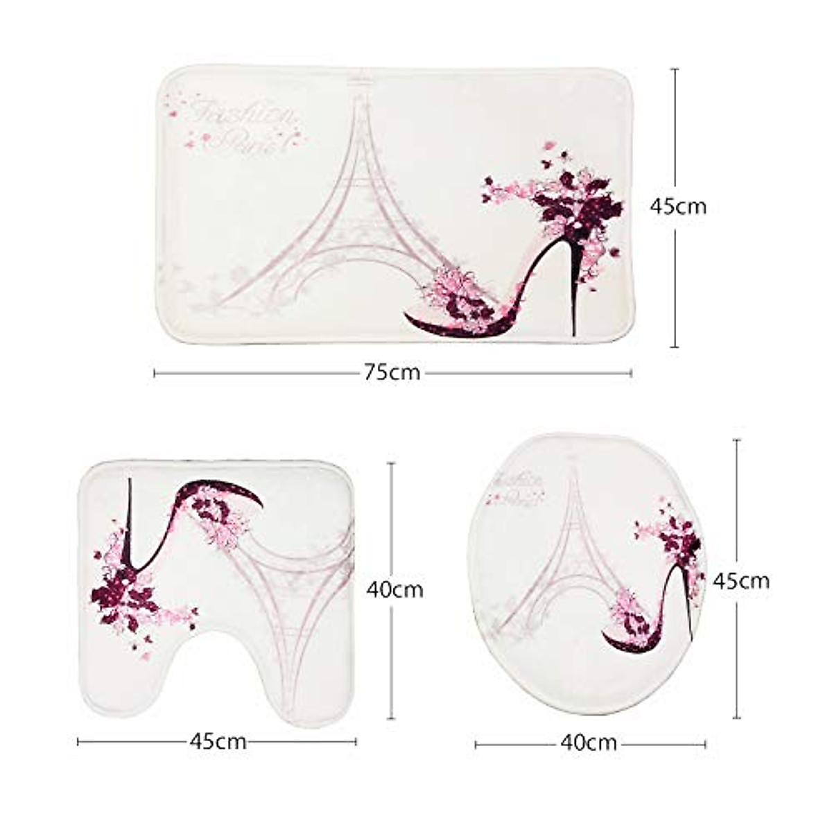Amagical Paris Eiffel Tower Decor 16 Piece Bathroom Mat Rug Set Shower Curtain Set High Heeled Shoes and Pink Flower in Paris Pattern Bath Mat + Contour Mat + Toilet Cover + Shower Curtain + 12 Hooks