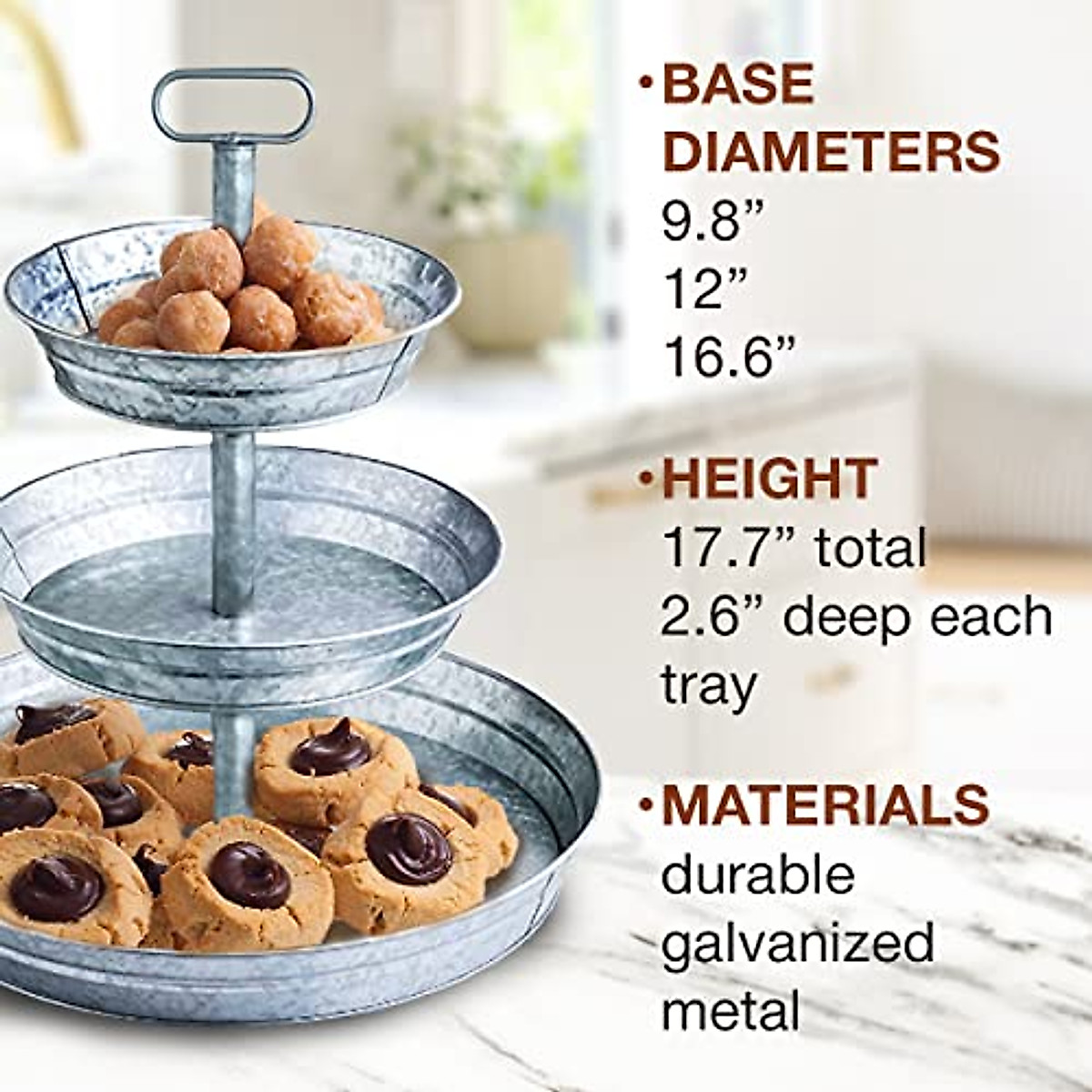 Rustic Metal 3 Tiered Tray - Galvanized Three Tiered Tray Stand – Tiered Serving Tray for Food Fruits Cupcakes - 3 Tier Metal Tray Platter for Cake, Dessert, Appetizers