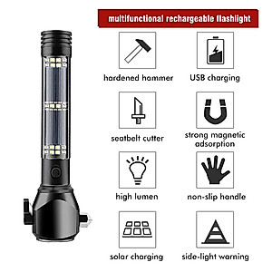 Serjur 8 in 1 Multi Function Flash Light,USB Rechargeable Solar Powered Flashlight with Glass Breaker,Seatbelt Cutter,Alarm and Phone Charger, Car LED Tactical Flashlight for Emergencies