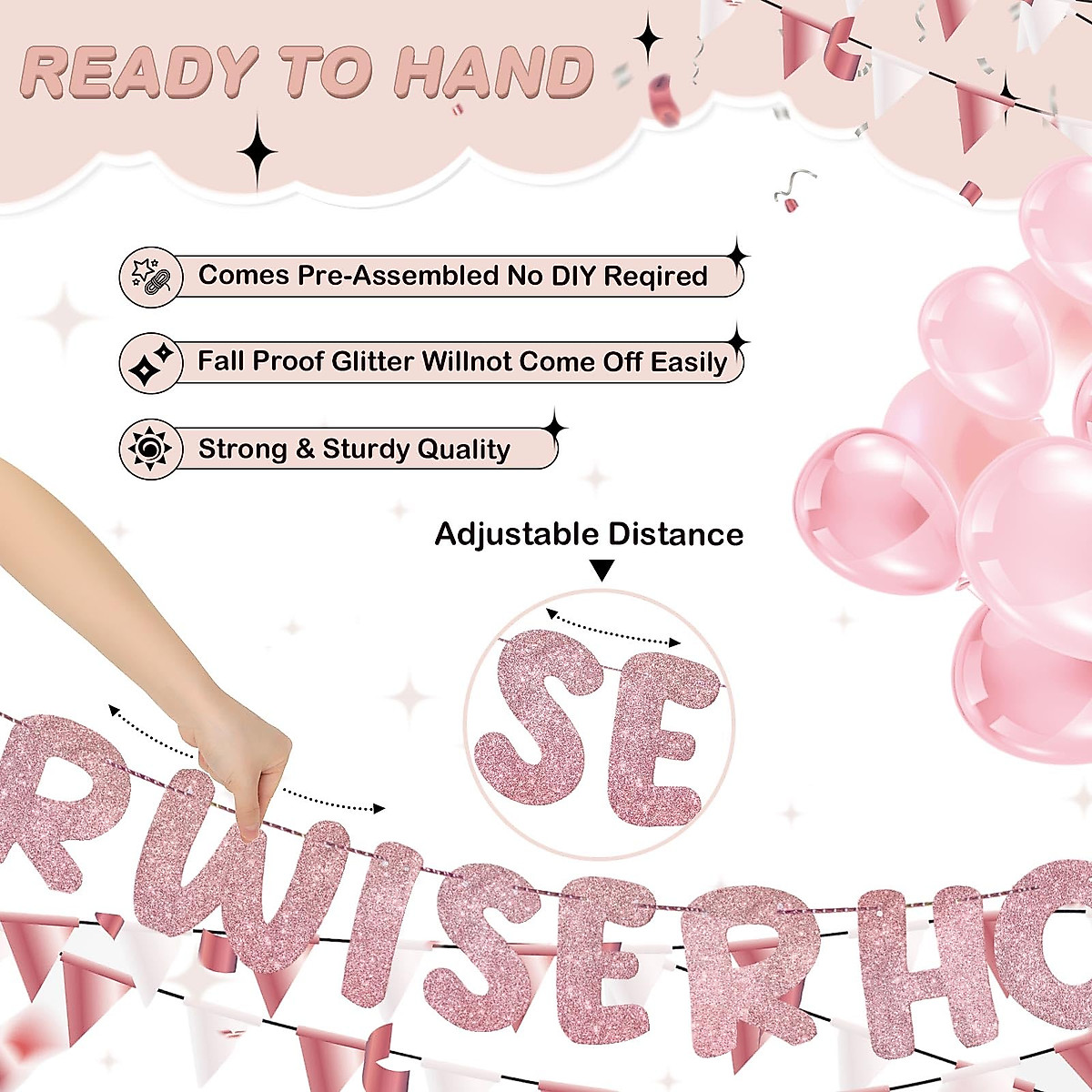 Fulmoon Set of 3 Pre Strung Older Wiser Hotter Glitter Banner Funny Birthday Banner for Women 30th 40th 50th 60th 70th 80th Birthday Party Decorations Birthday Sign Birthday Gift (Rose Gold)