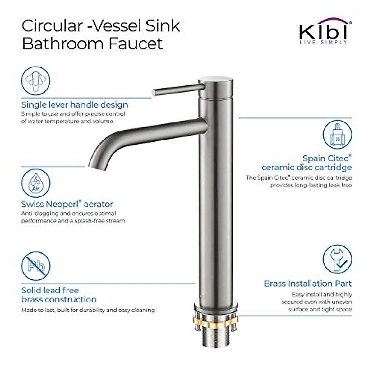 KIBI KBF1009 Solid Brass Single Handle Circular Faucet for Bathroom Sink | High Arc Faucet spout (Brushed Nickel)