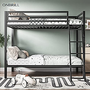 ONBRILL Metal Bunk Bed Twin Size, Teenage Bed with Ladder, Safety Full-Length Guardrail, Space Saving/No Box Spring/Noiseless/Black