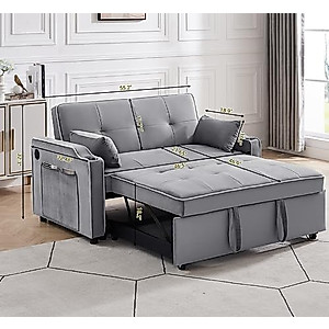 Convertible Futon Couch with USB Ports,Velvet Pull Out Sleeper Sofa Bed with Cup Holders and Pockets,3 in 1 Modern Loveseat with Adjustable Backrest,Small Love Seat for Living Room,Office,Grey