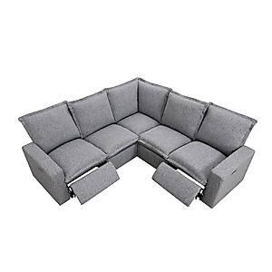 L-Shaped Sectional Sofa 5-Seat Convertible Sofa with Power Recliner Chair and USB Port Linen Fabric Upholstered Couch Modern Large Cloud Couch for Living Room (Grey)