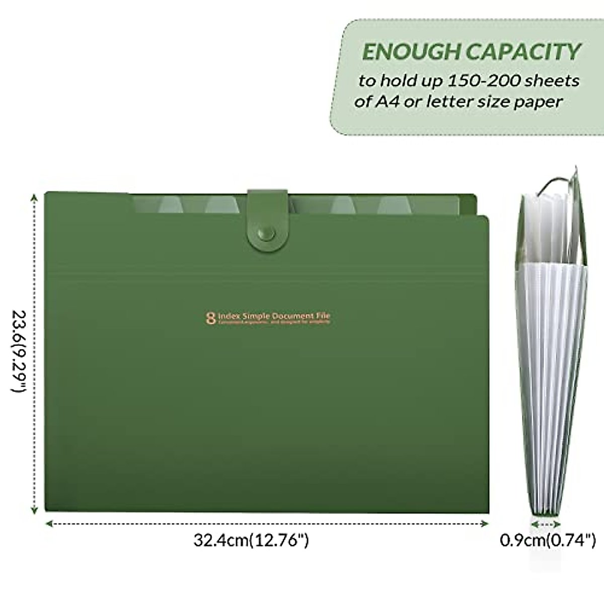 SKYDUE Expanding File Folder, Folders with 8 Pockets , Folder Organizer with Snap Closure A4 and Letter Size Accordian Document Paper Organizer for Home School Office (OliveGreen)