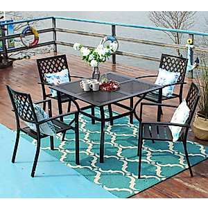 MFSTUDIO 37" x 37" Square Outdoor Dining Table Patio Bistro Table Powder-Coated Steel Frame Top Umbrella Stand Deck Outdoor Furniture Garden Table, Black