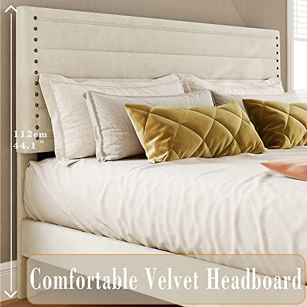 LIKIMIO Queen Bed, Platform Bed Frame with Upholstered Headboard and Wooden Slats Support, No Box Spring Needed, Easy Assembly, Beige