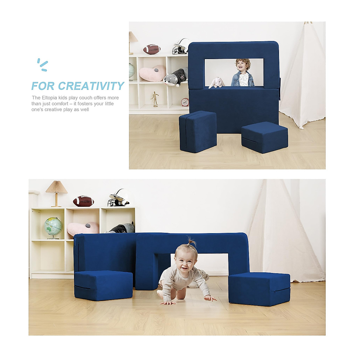 Elftopia Modular Kids Sofa,Toddler Couch Foam Armchair for Kids, Children Convertible Plush Sofa Play Set,Fold Out Sofa Bed(Navy)