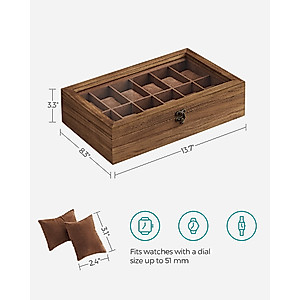 SONGMICS Watch Box, 12-Slot Watch Case, Solid Wood Watch Box Organizer with Glass Lid, Watch Display Case with Removable Pillows, Gift for Loved Ones, Rustic Walnut UJOW120K01