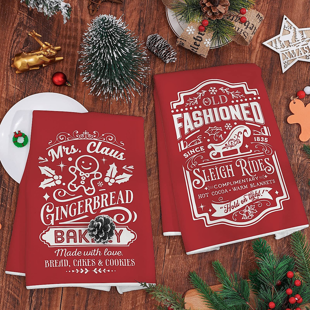 AnyDesign Merry Christmas Kitchen Towel Red Farmhouse Dish Towel 18 x 28 Inch Gingerbread Sleigh Rides Tea Towel Hand Drying Towel for Home Party Cooking Baking, 2 Packs