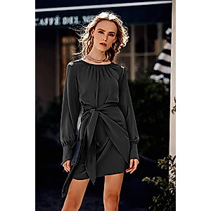 PRETTYGARDEN Women's 2023 Fall Satin Dress Long Sleeve Tie Waist Elegant Cocktail Party Mini Dresses (Black,Small)