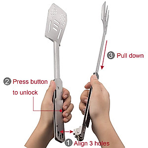 ROXON S601 14" 6 in 1 MBT3 Folding Grill Utensils Set Fork Spatula Grilling Knife Tongs Opener for Backyard Barbecue and Camping